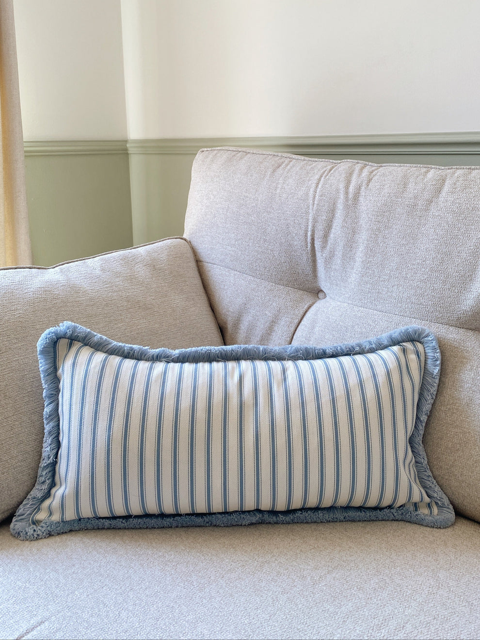 Rosie & Smudge | The Riley - Blue Ticking Stripe Cushion With Fringed Edge